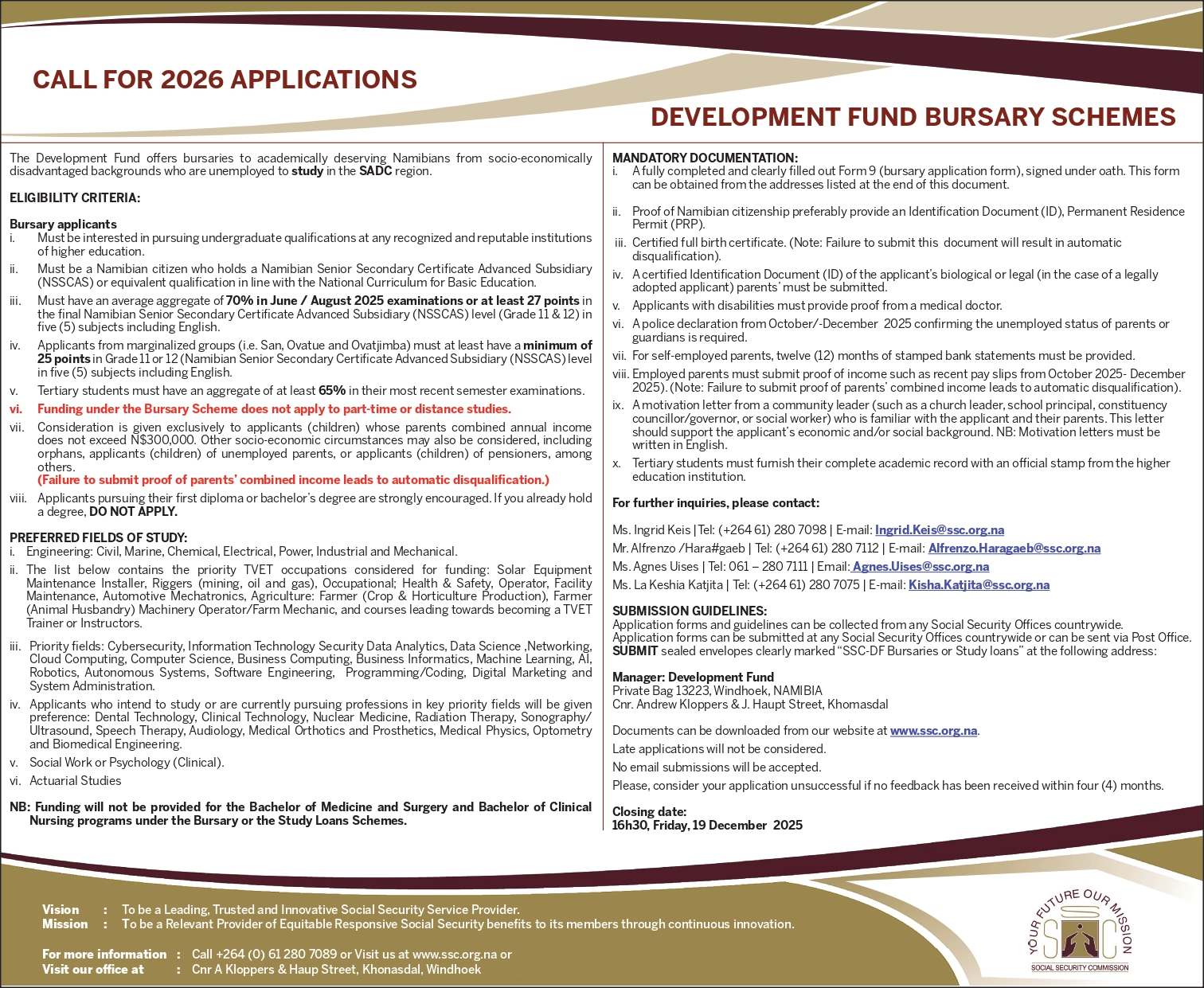 Social Security Commission of Namibia – NIPDB – Study Opportunities